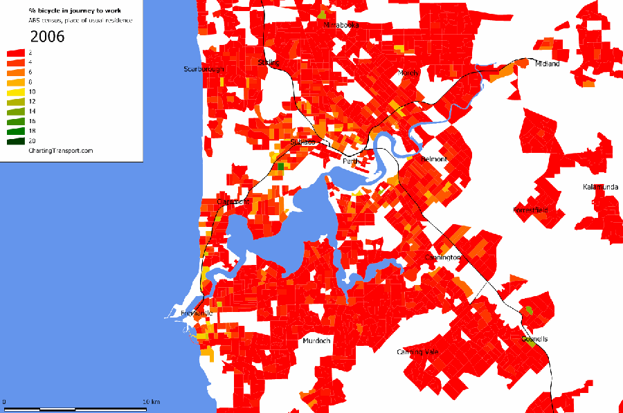 Spatial changes in Perth journey to work 2006-2011 | Charting Transport