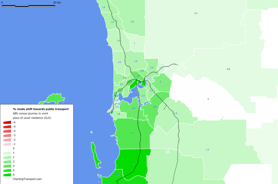 Spatial changes in Perth journey to work 2006-2011 | Charting Transport