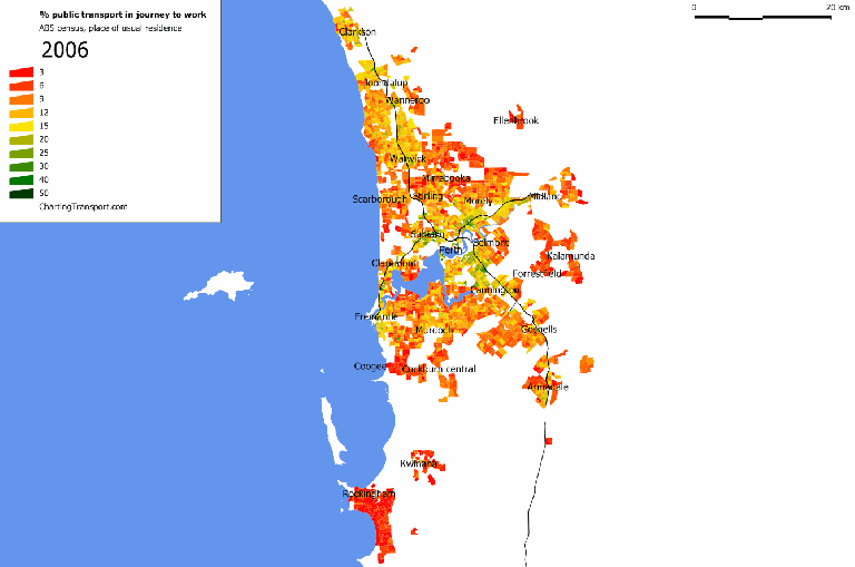 Spatial changes in Perth journey to work 2006-2011 | Charting Transport
