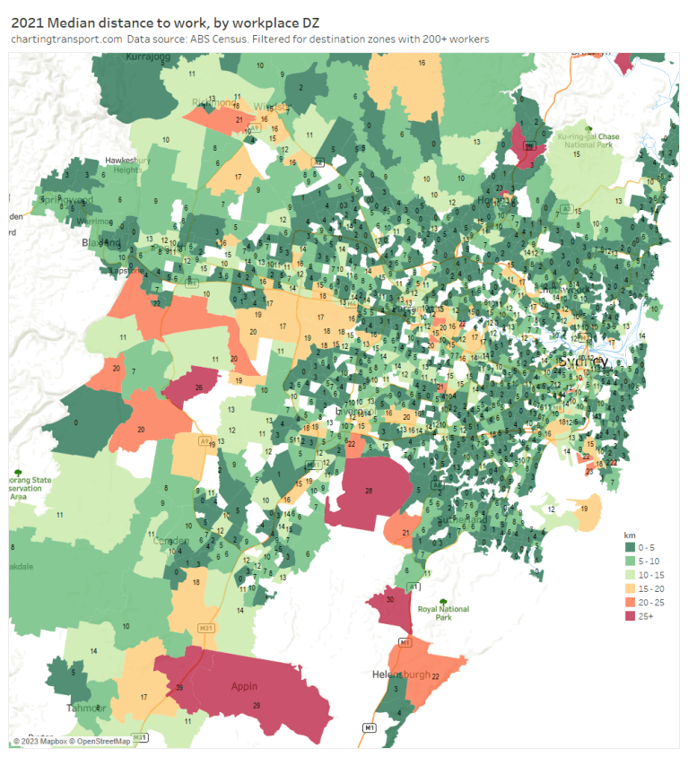 How do commuting distances vary across Australian cities? | Charting ...