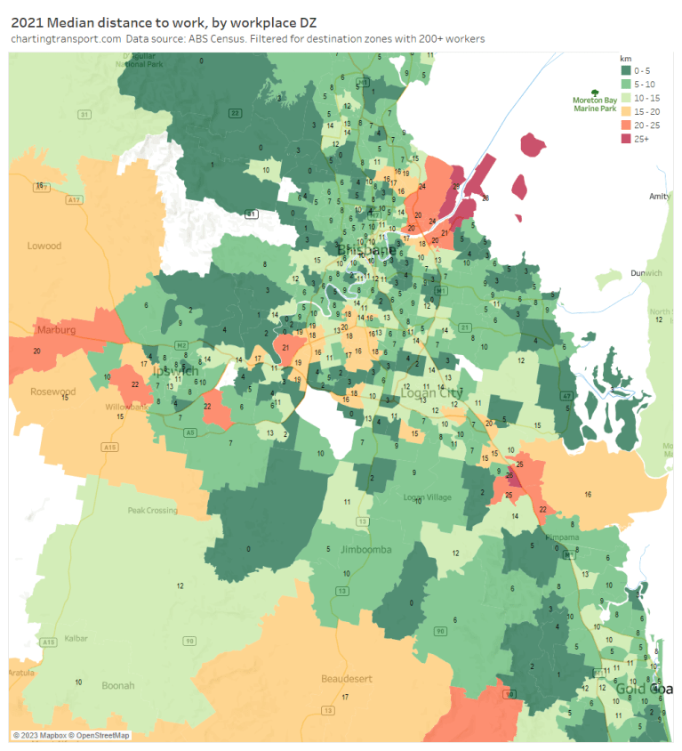 How do commuting distances vary across Australian cities? | Charting ...